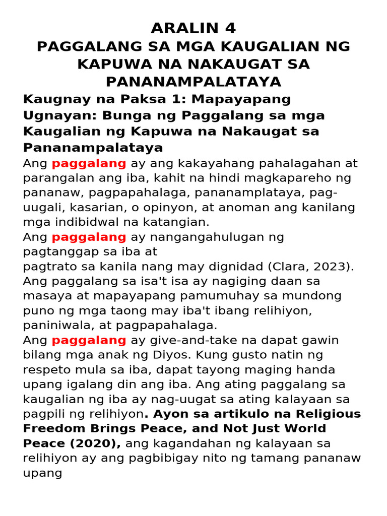 Q3 ARALIN 4 Paggalang Sa Kaugalian NG Kapuwa Nakaugat Sa ...