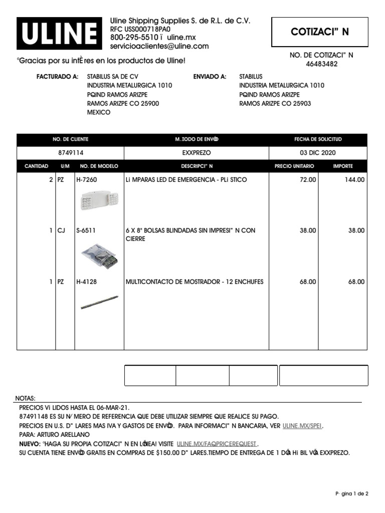 Cotización Uline para Stabilus S.A. de C.V. | PDF