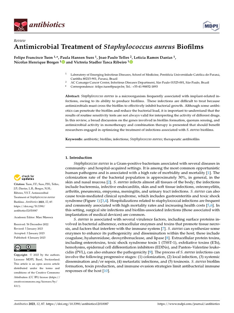 Antimicrobial Treatment of Staphylococcus Aureus Biofilms | PDF | Staphylococcus Aureus | Biofilm