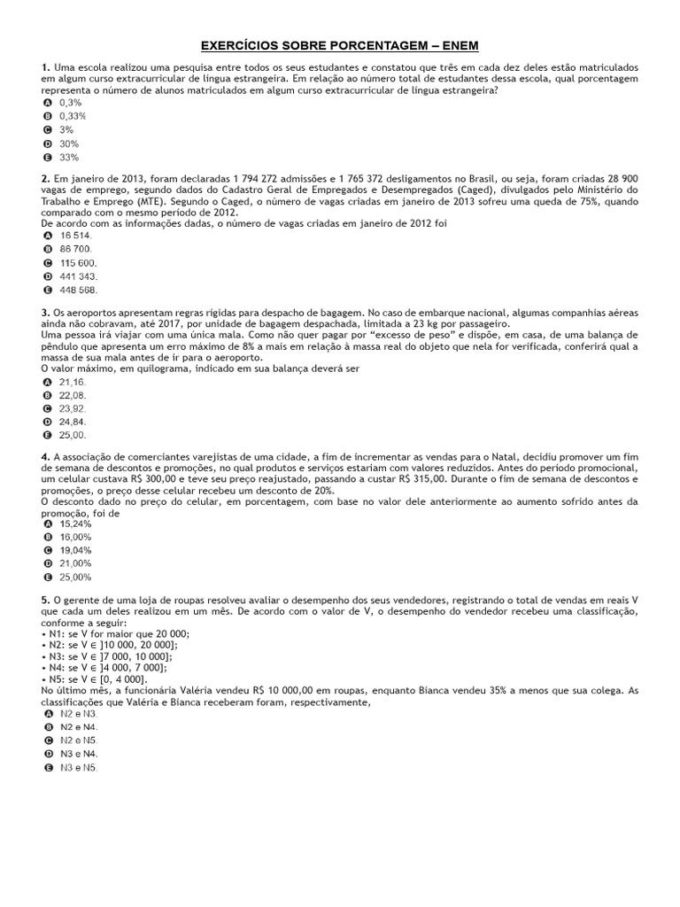 Exercícios Sobre Porcentagem - Enem | PDF | Cartão de crédito | Massa