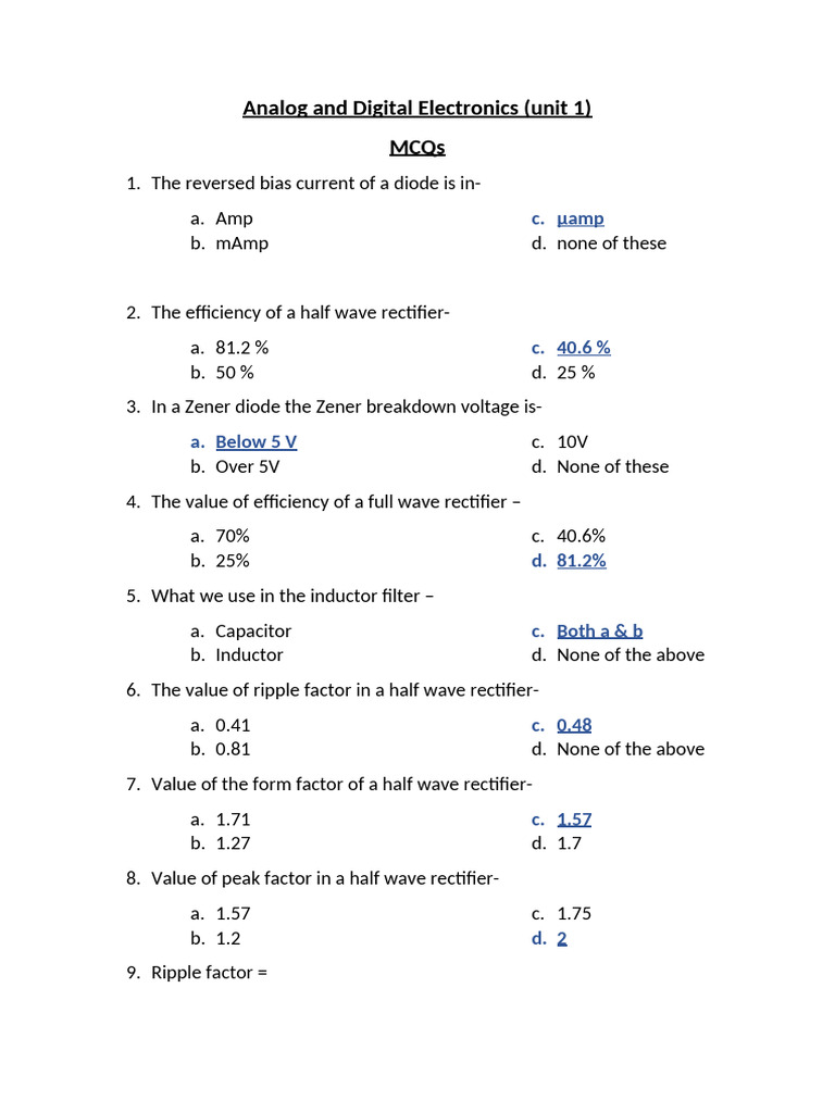 Analog and Digital Electronic MCQ | PDF | Rectifier | Diode