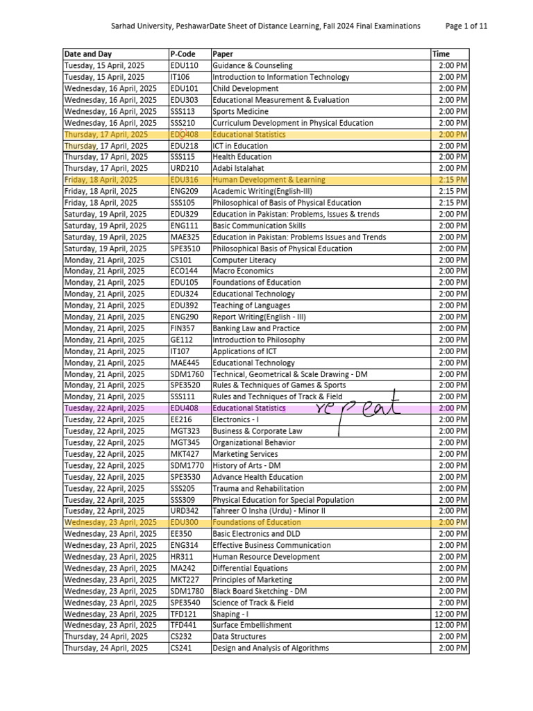 Date-Sheet-Fall-2024-Simple | PDF | Geometry | Mathematics