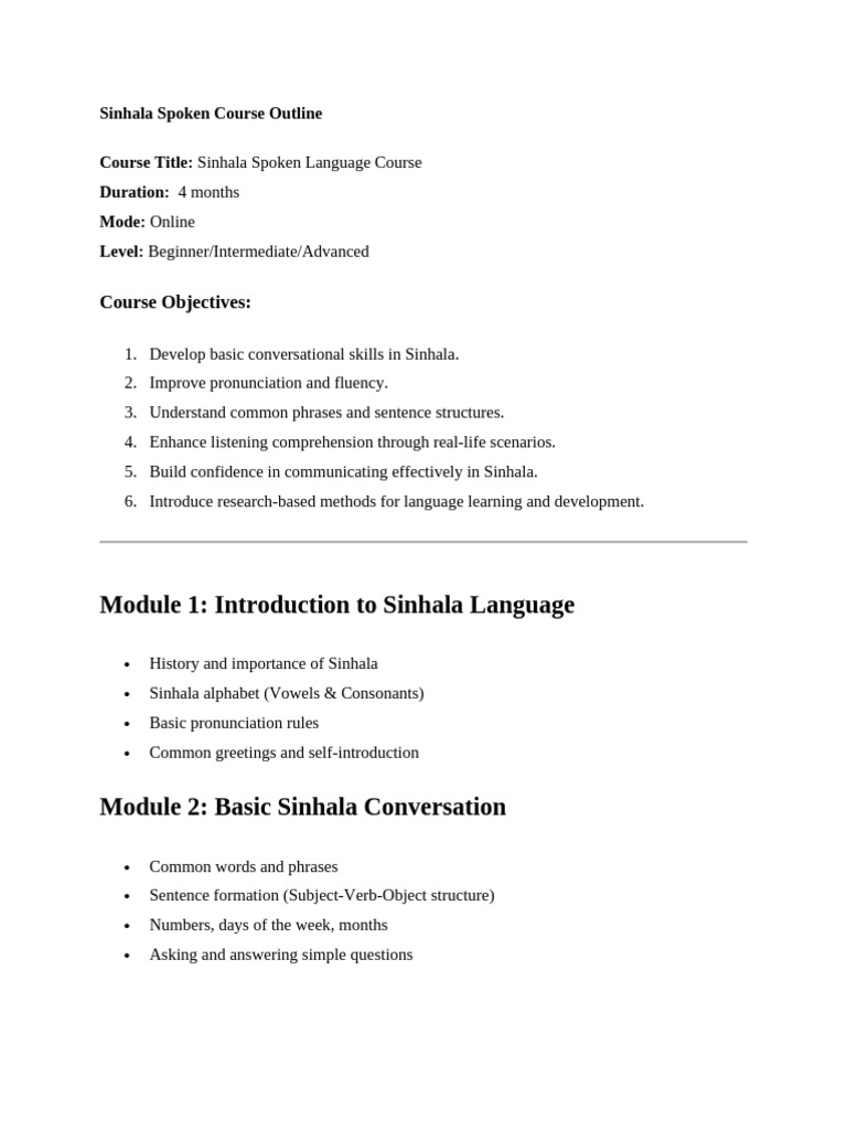 Sinhala Spoken Course Outline | PDF