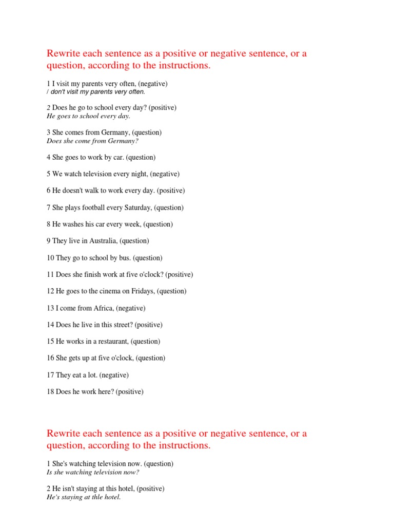 Rewrite Each Sentence As A Positive or Negative Sentence, or A Question ...