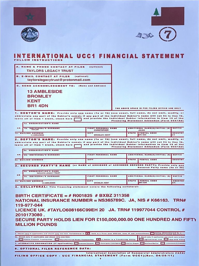 International UCC1 Taylors Legacy Trust Christopher Taylor Bey | PDF