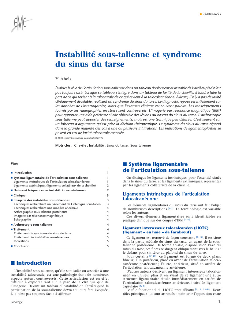 Instabilité sous-talienne et sinus du tarse | PDF | Pied | Anatomie de ...