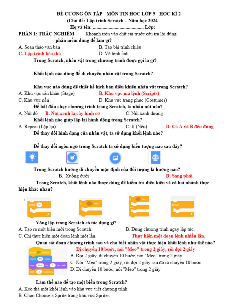 ĐỀ CƯƠNG ÔN TẬP - MÔN TIN HỌC LỚP 5 - HK2 | PDF