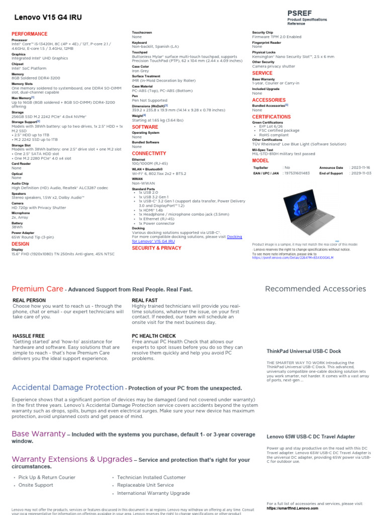 Lenovo v15 g4 Iru 83a100gklm | PDF | Usb | Computer Hardware
