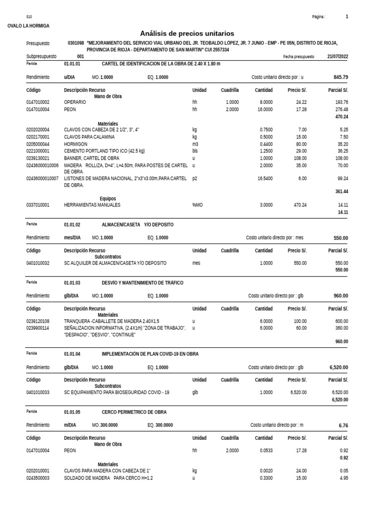 Análisis de Precios Unitarios: Página | PDF