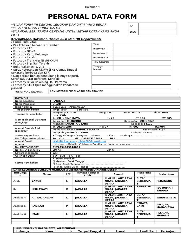 1.personal Data Form Fadilah Salinan | PDF