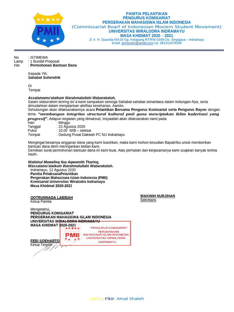 Permohonan Dana Pelantikan PMII 2020 | PDF