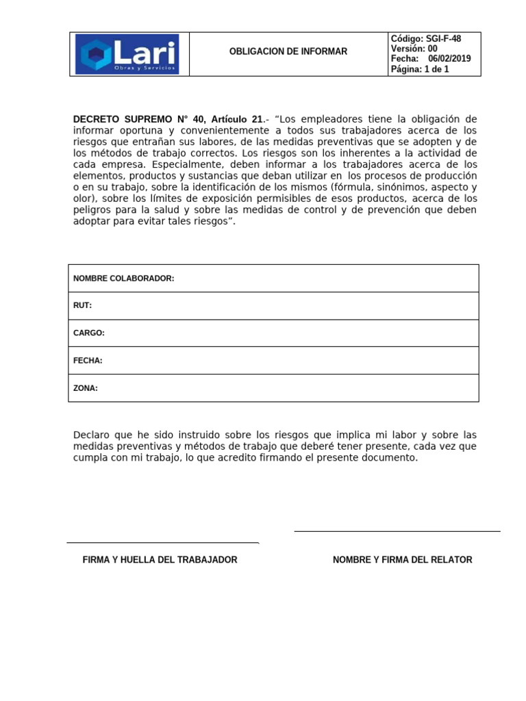 Obligación de Informar Riesgos Laborales | PDF