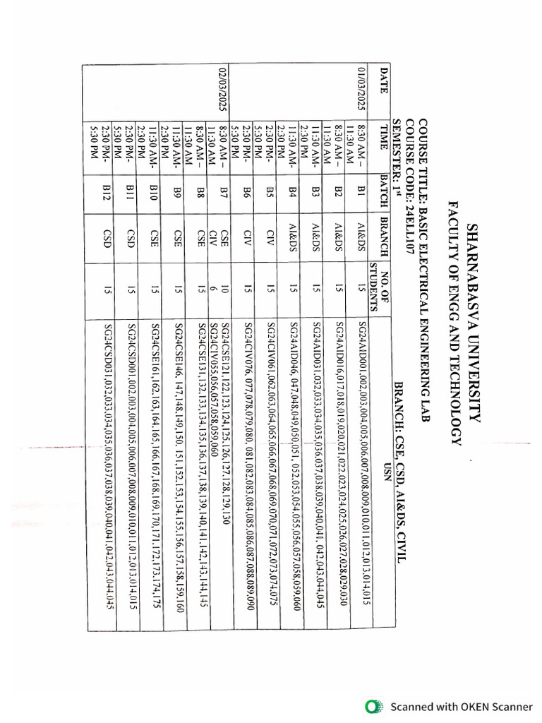 Updated Basic Electrical Engineering Lab Time Table-2025 | PDF