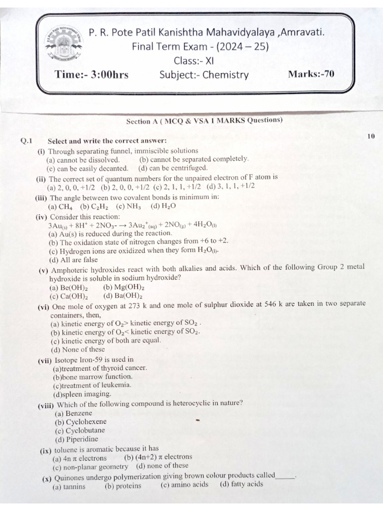 11 SB Chemistry Second Term Exam | PDF
