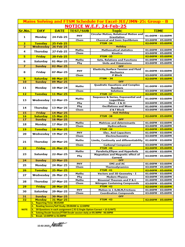 Mains Solving and FTSM Schedule For Excel-JEEJMN-25 Group - B | PDF ...