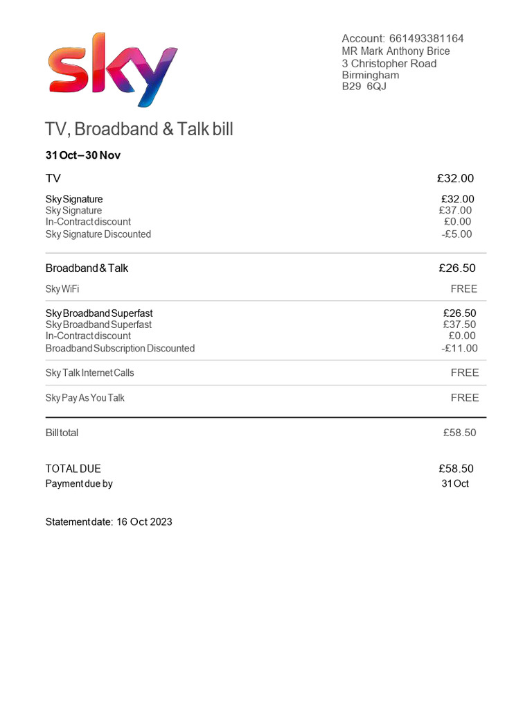 Sky TV and Broadband Bill Summary | PDF