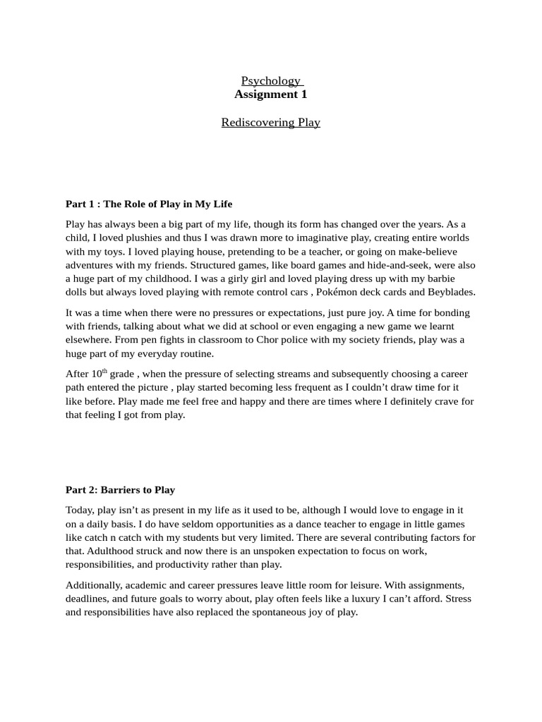 Rediscovering Play Assignment | PDF | Behavioural Sciences | Psychology
