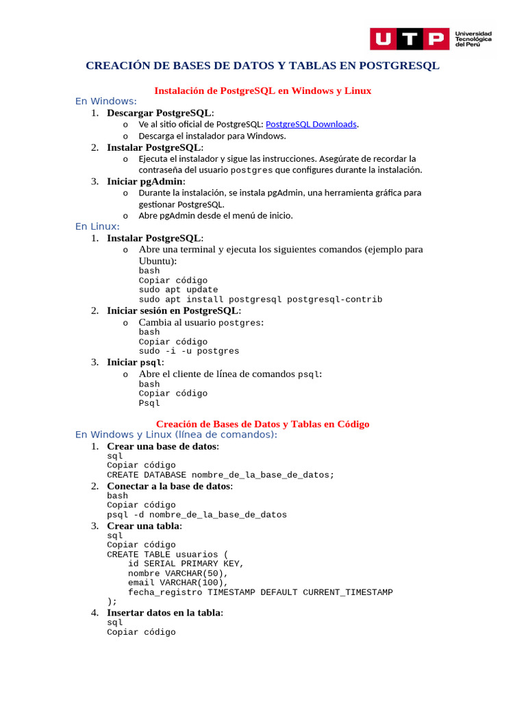 Crear Bases de Datos en PostgreSQL | PDF | SQL | Postgre Sql