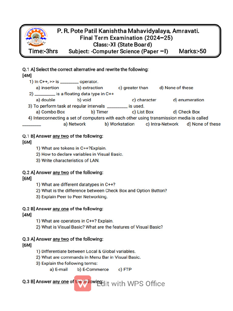 Computer (Paper-1) Final Exam 24-25 | PDF