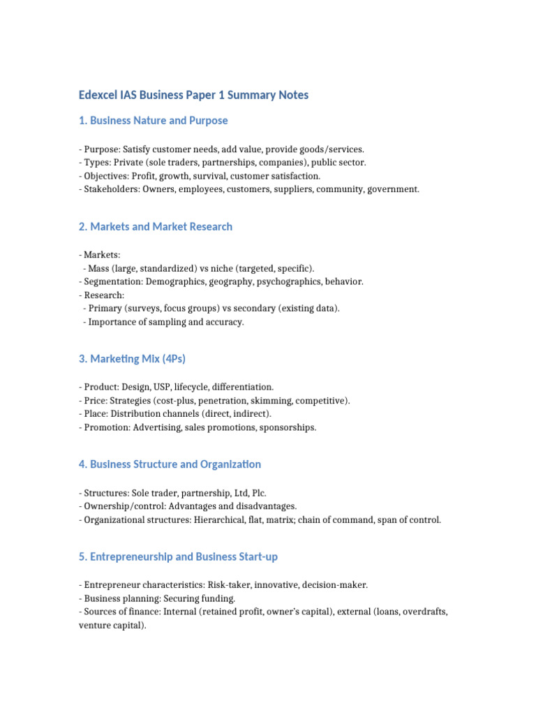 Edexcel IAS Business Paper 1 Summary | PDF
