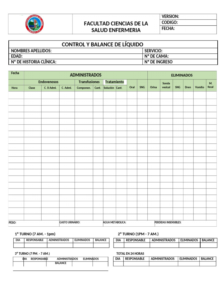 FORMATOS CONTROL Y BALANCE DE LIQUIDOS | PDF