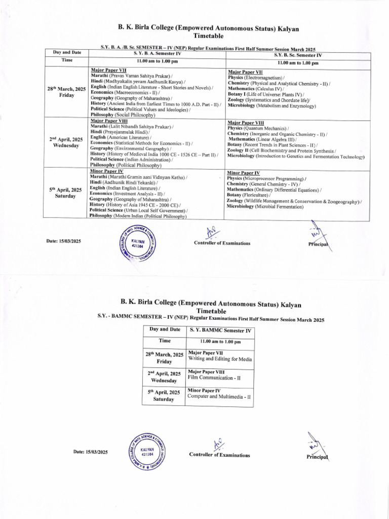 Ug Sy Semester-Iv (Nep & Old) Regular & Atkt (Backlog) Examination Time Table Summer Session ...