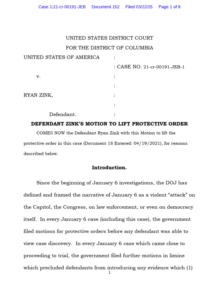 Zink's Motion to Lift Protective Order | PDF | Justice | Crime & Violence