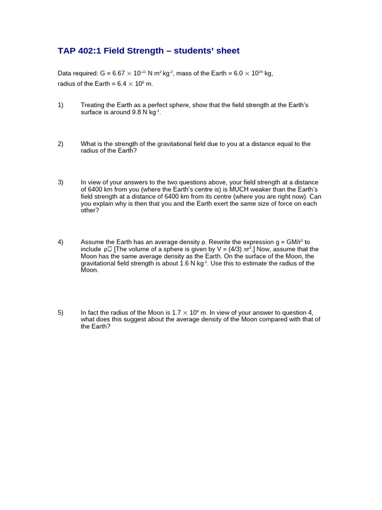 Episode 402 1 Field Strength Students Sheet | PDF | Mass | Weight
