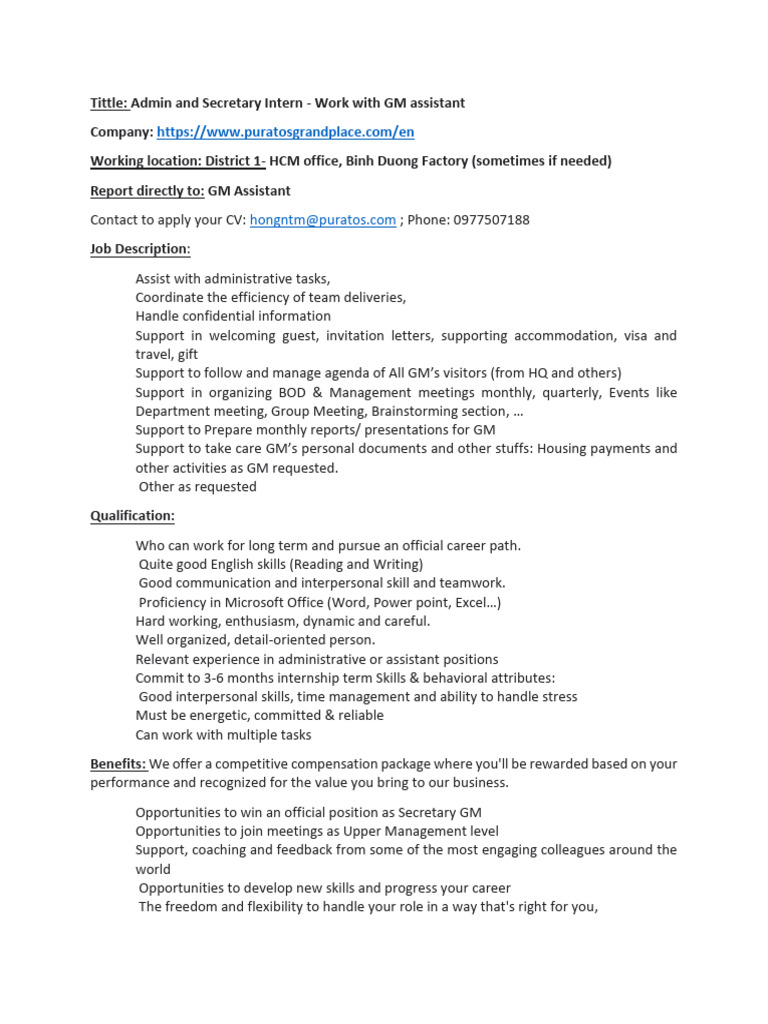 JD - Admin & Secretary Internship Position - Puratos VN - Puratos Group | PDF