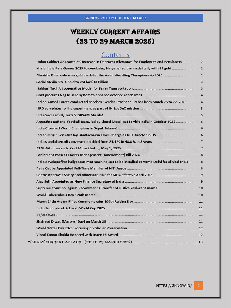 Weekly 23 to 29 Current Affairs (English) | PDF