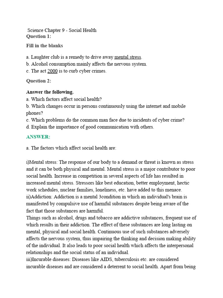 Science Part II Solutions For Class 10 Chapter 9 Social Health | PDF ...