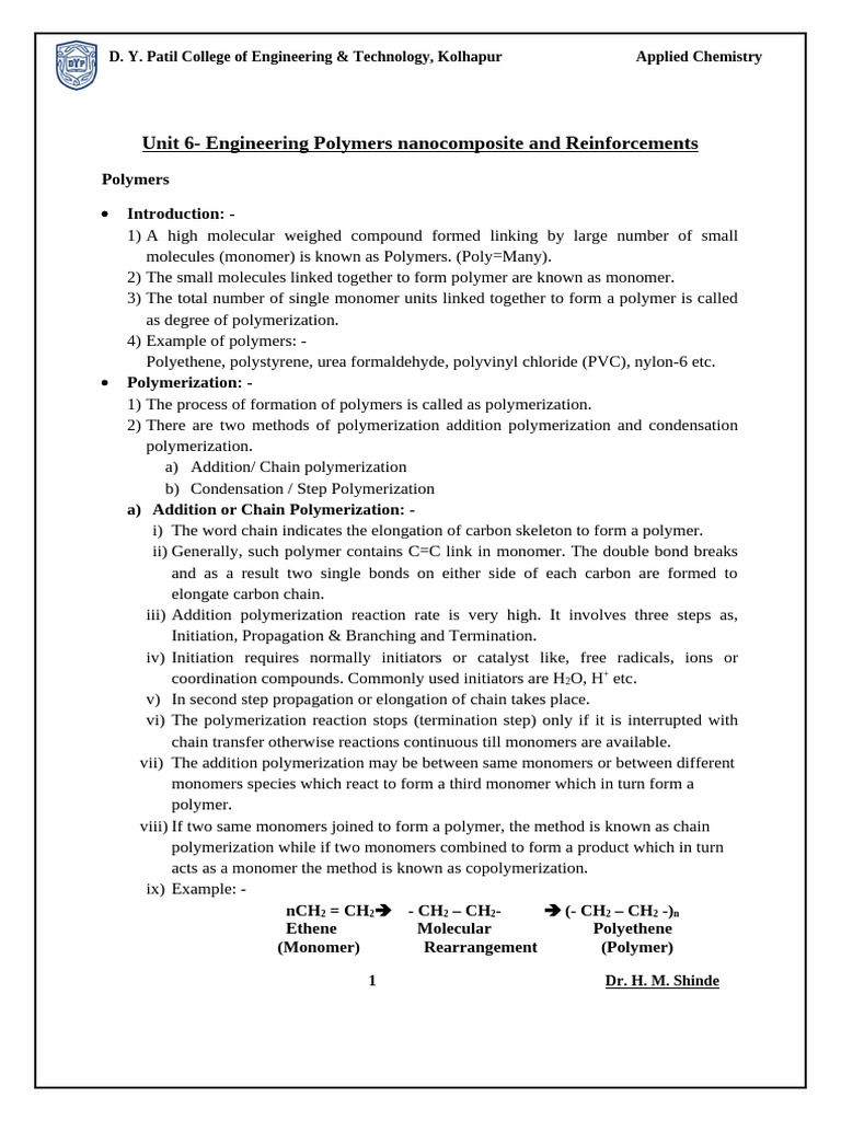 unit -6 Engineering polymer | PDF | Composite Material | Polymerization