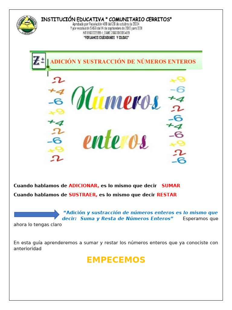 Adición y Sustracción de Números Enteros | PDF | Sustracción | Entero
