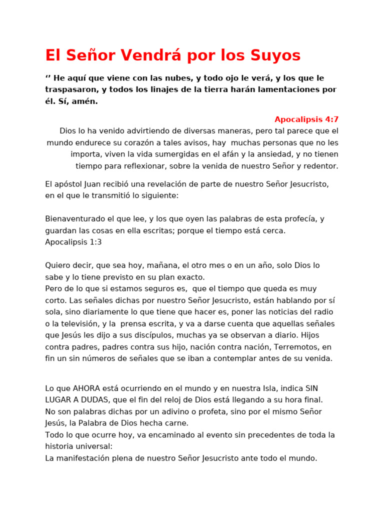 Apocalipsis 4 7 El Señor Vendrá Por Los Suyos | PDF | Cristo (título ...