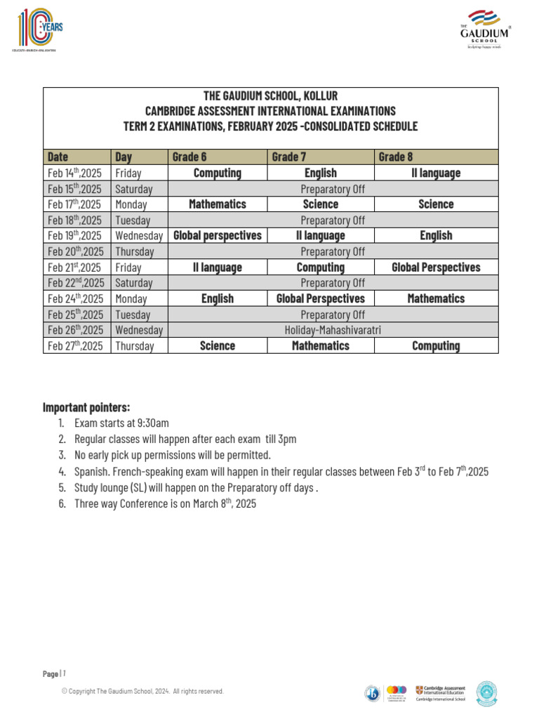 Consolidated Term2 Exam Schedule Grades 6-9 | PDF