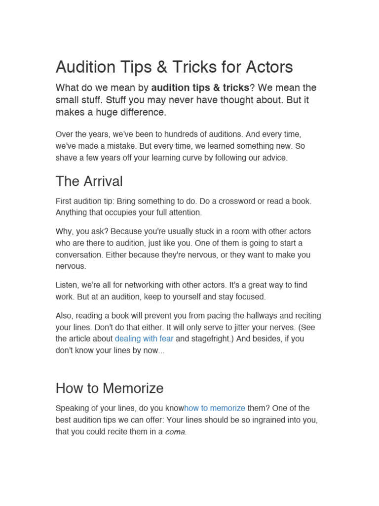 Audition Tips & Tricks For Actors, Shakopee Public Schools | PDF