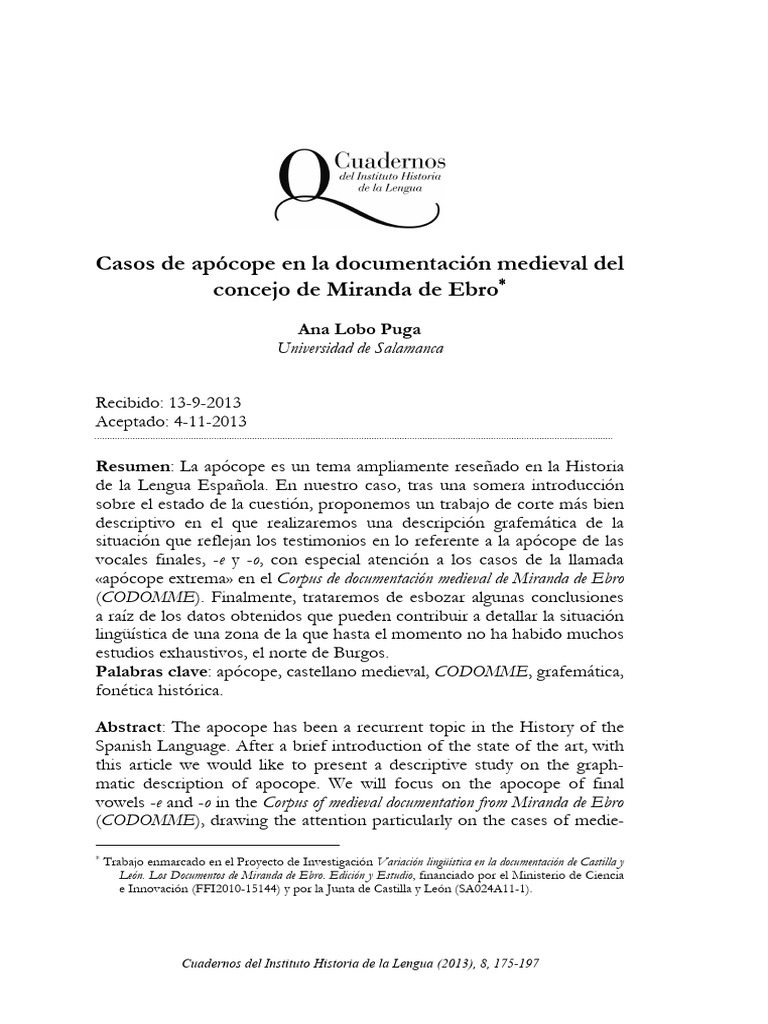 Apócope en documentos medievales de Miranda | PDF | Verbo | Lengua española