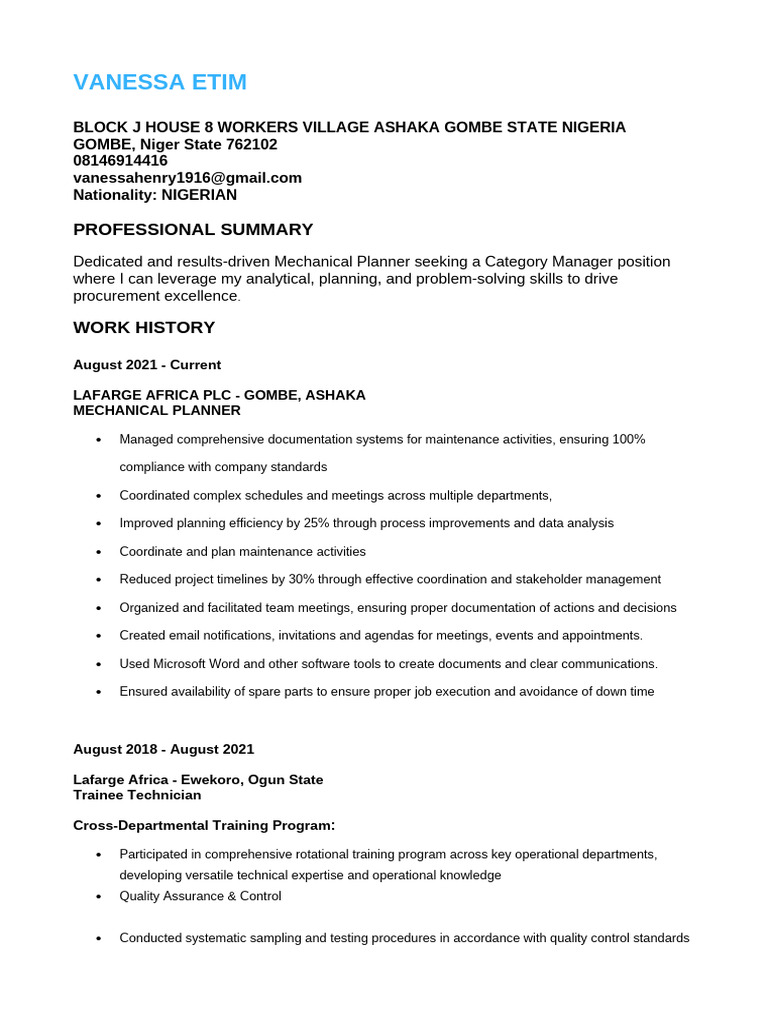 VANESSA ETIM Category Manager CV | PDF | Inventory | Quality Assurance