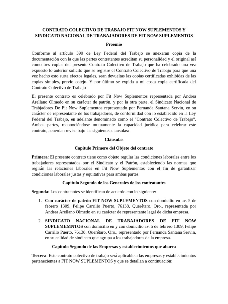 Contrato Colectivo de Trabajo Fit Now Suplementos y Sindicato Nacional de Trabajadores de Fit ...