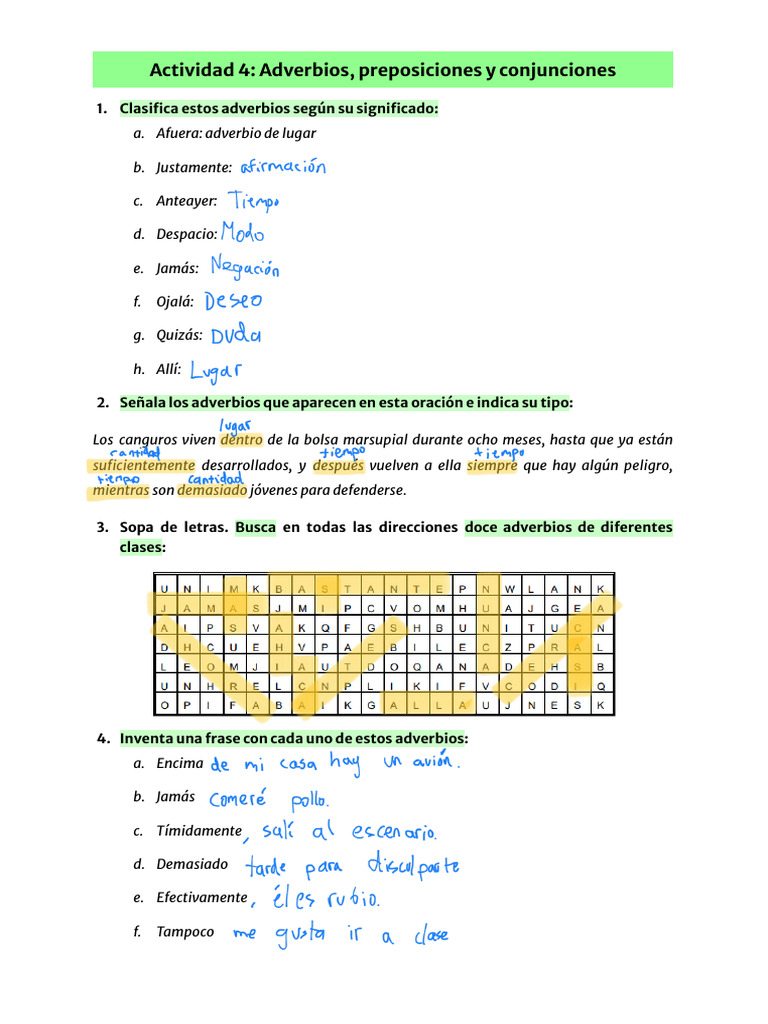 Ejercicios de adverbios y preposiciones | PDF