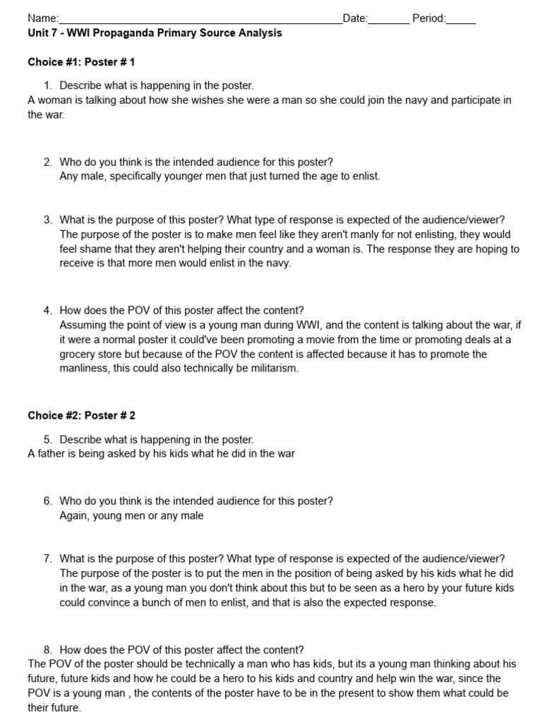 Unit 7 - WWI Propaganda Analysis | PDF