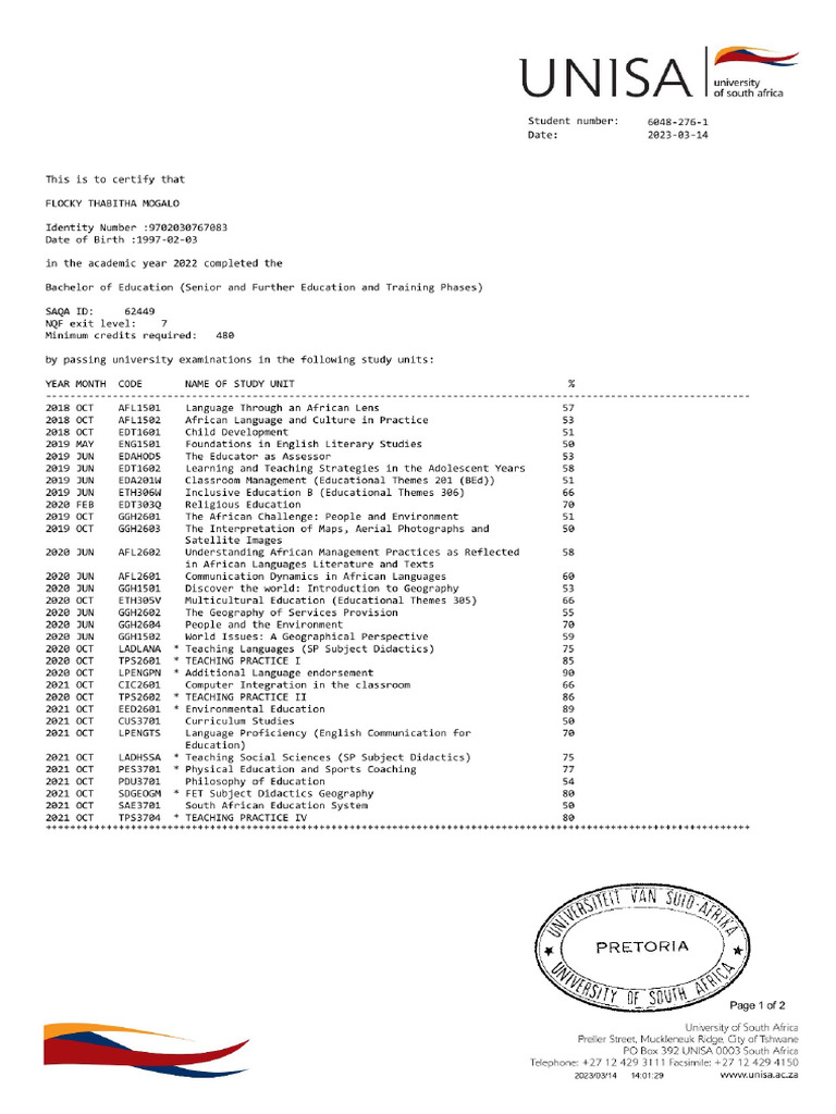 Unisa Student 60482761 Provisional Subject Declaration 2 | PDF