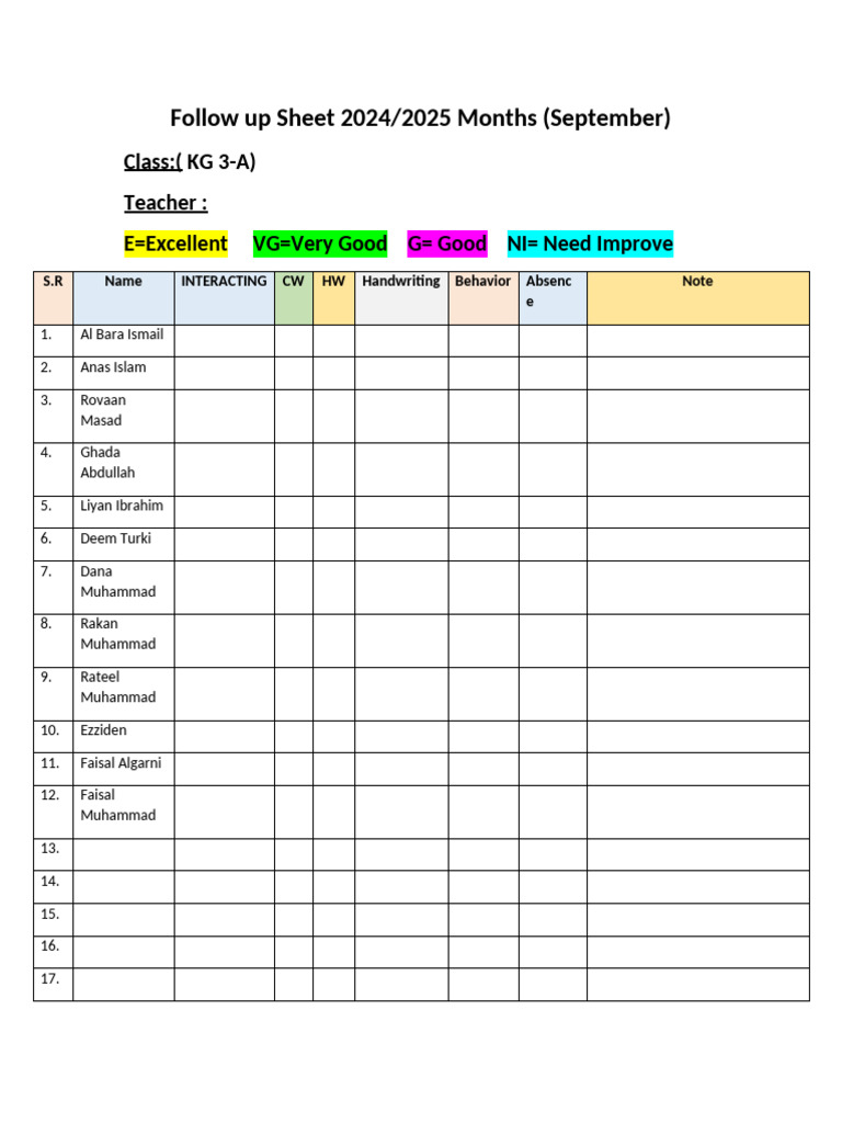 Follow Up Sheet 2nd Term 2025 KG 2B Empty | PDF