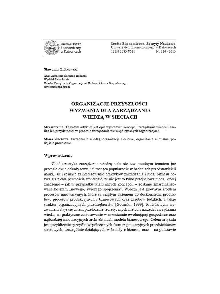 Organizacje Przysz O CI. Wyzwania Dla Zarz Dzania Wiedz W Sieciach | PDF