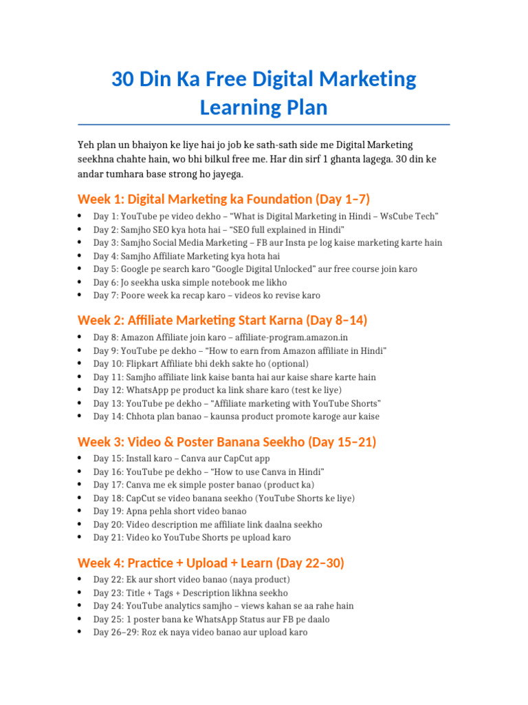 Hinglish 30 Days Digital Marketing Plan | PDF