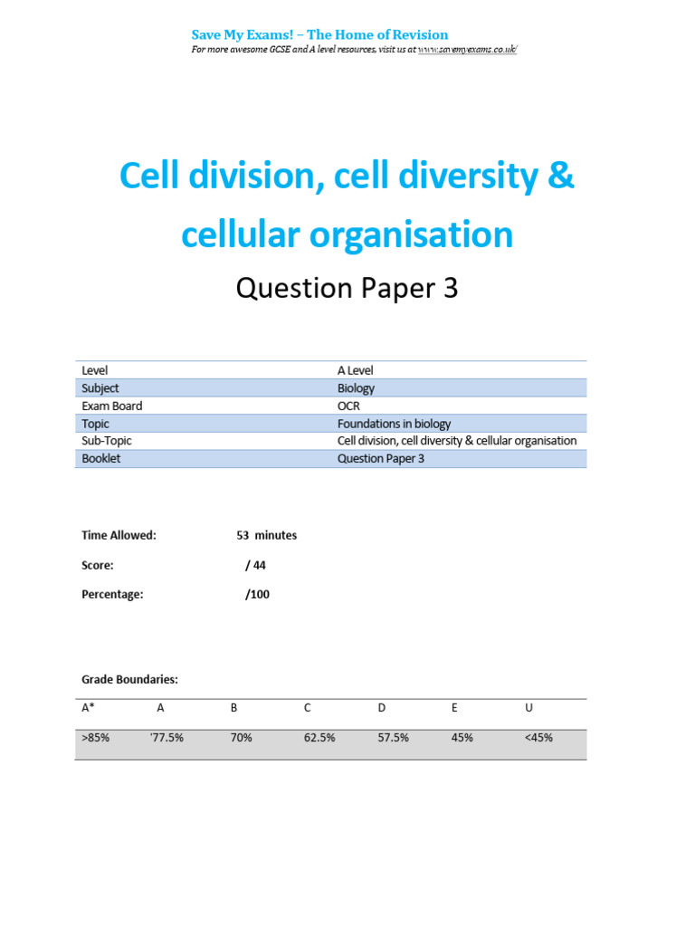7.3 Cell Division Cell Diversity Cellular Organisation QP A Level Ocr ...