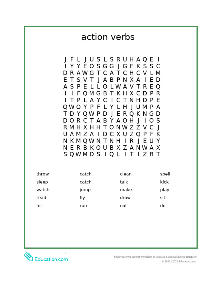 Action Verbs Wordsearch | PDF