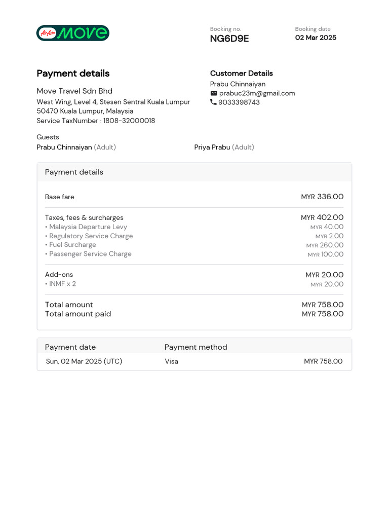 AirAsia Payment Receipt Details | PDF