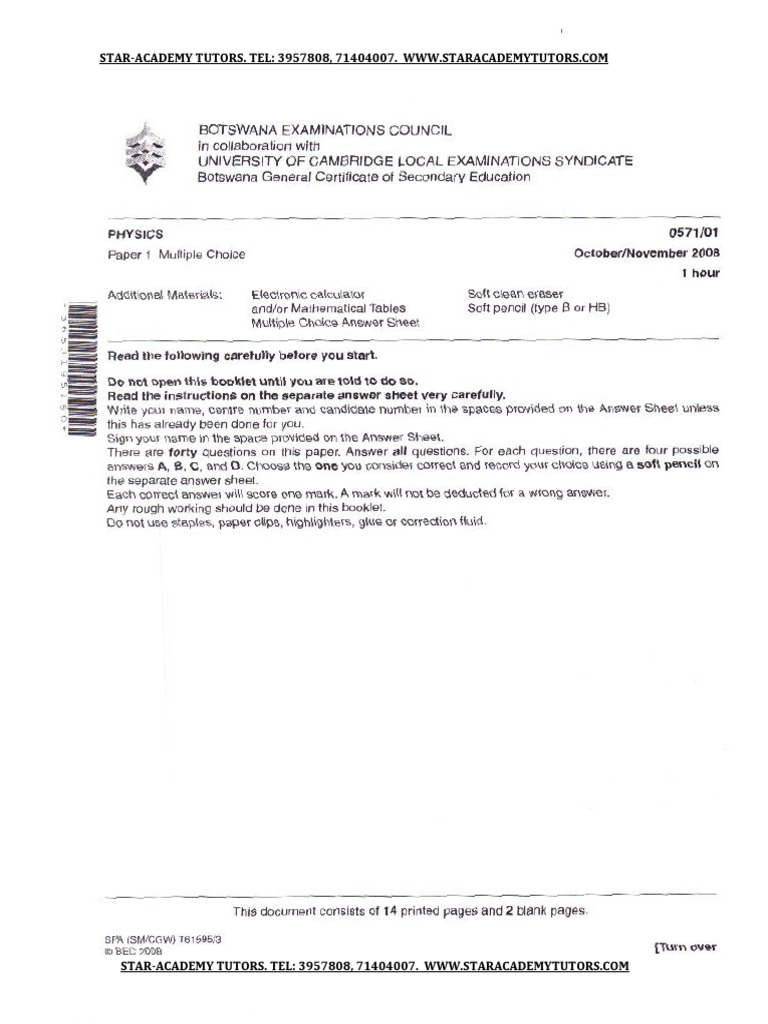 BGCSE Physics Paper 1, 2008 | PDF