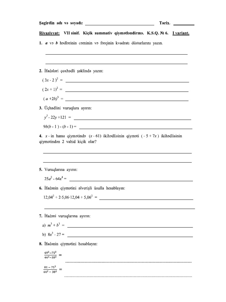 7 s Riyaziyyat Ksq 6 I-II Variant Frman Vliyev | PDF
